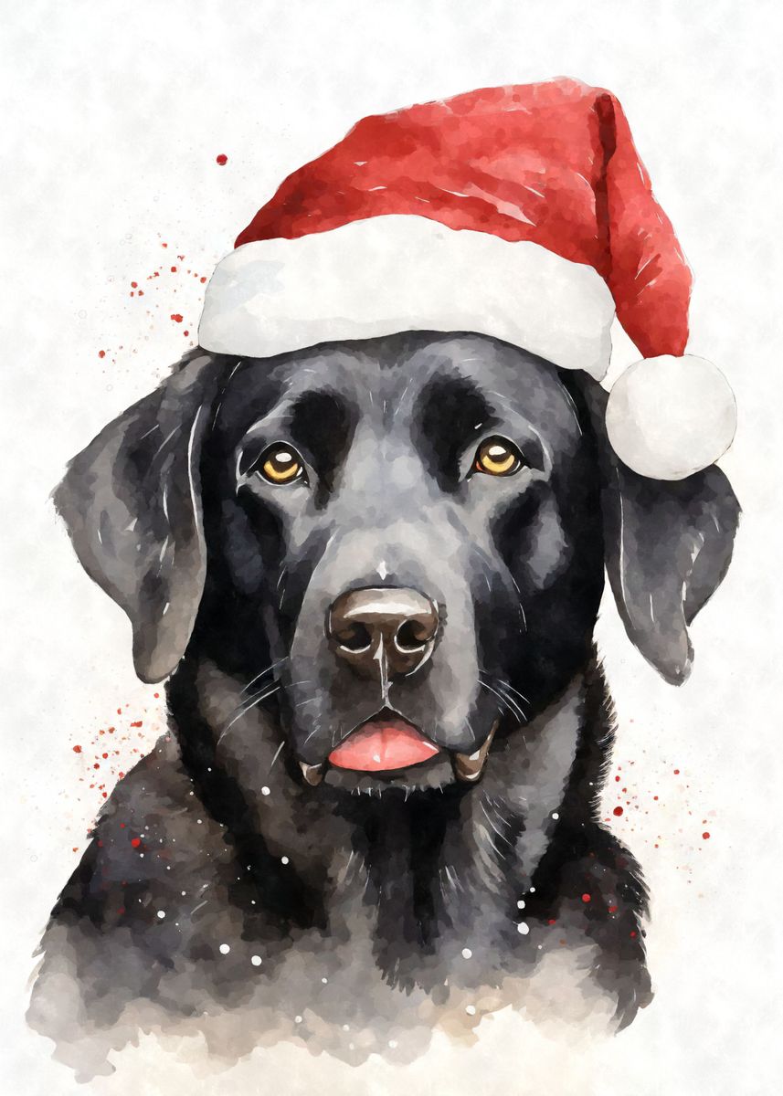 'Black Lab Santa Hat Xmas' Poster, picture, metal print, paint by ...