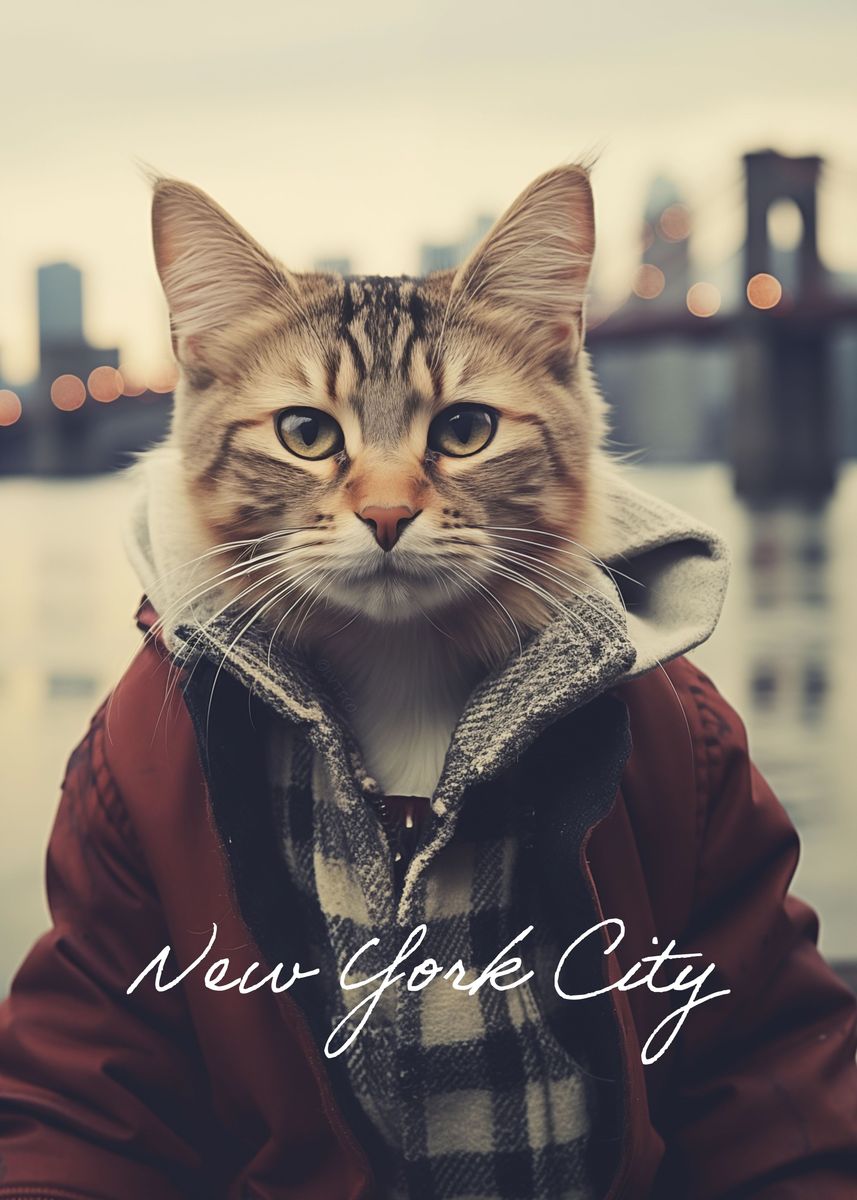 'Cute Cat Fall Autumn NYC' Poster, picture, metal print, paint by LVTFCO | Displate