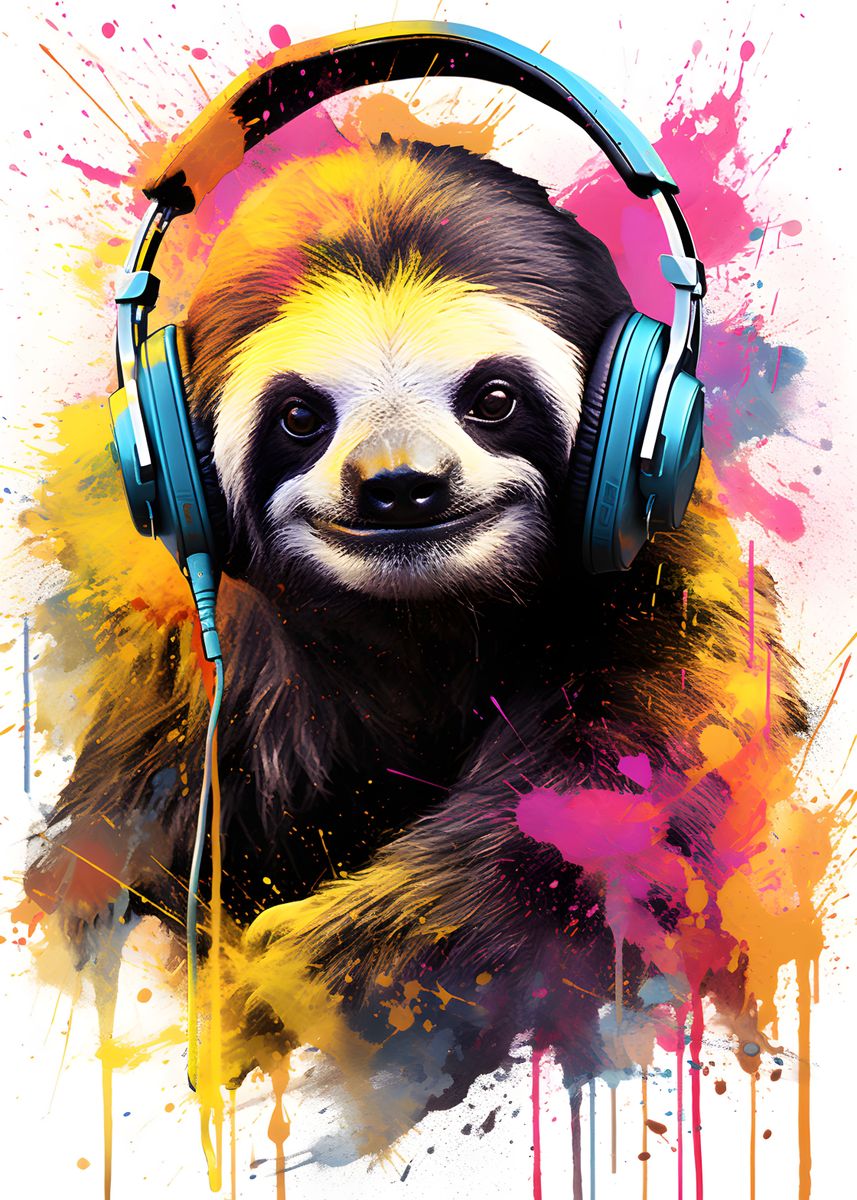 'Sloth with Headphones' Poster, picture, metal print, paint by Chris ...