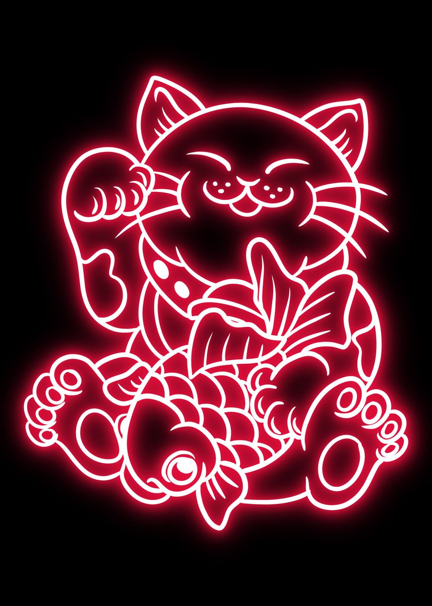 'neon lucky cat eat fish' Poster, picture, metal print, paint by ...