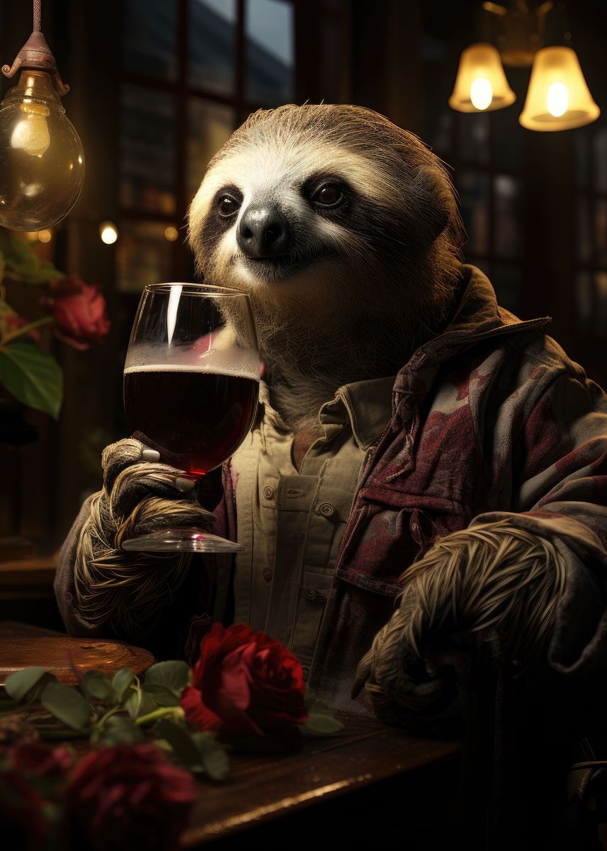 'Wine Sloth and Roses' Poster, picture, metal print, paint by Jensen ...