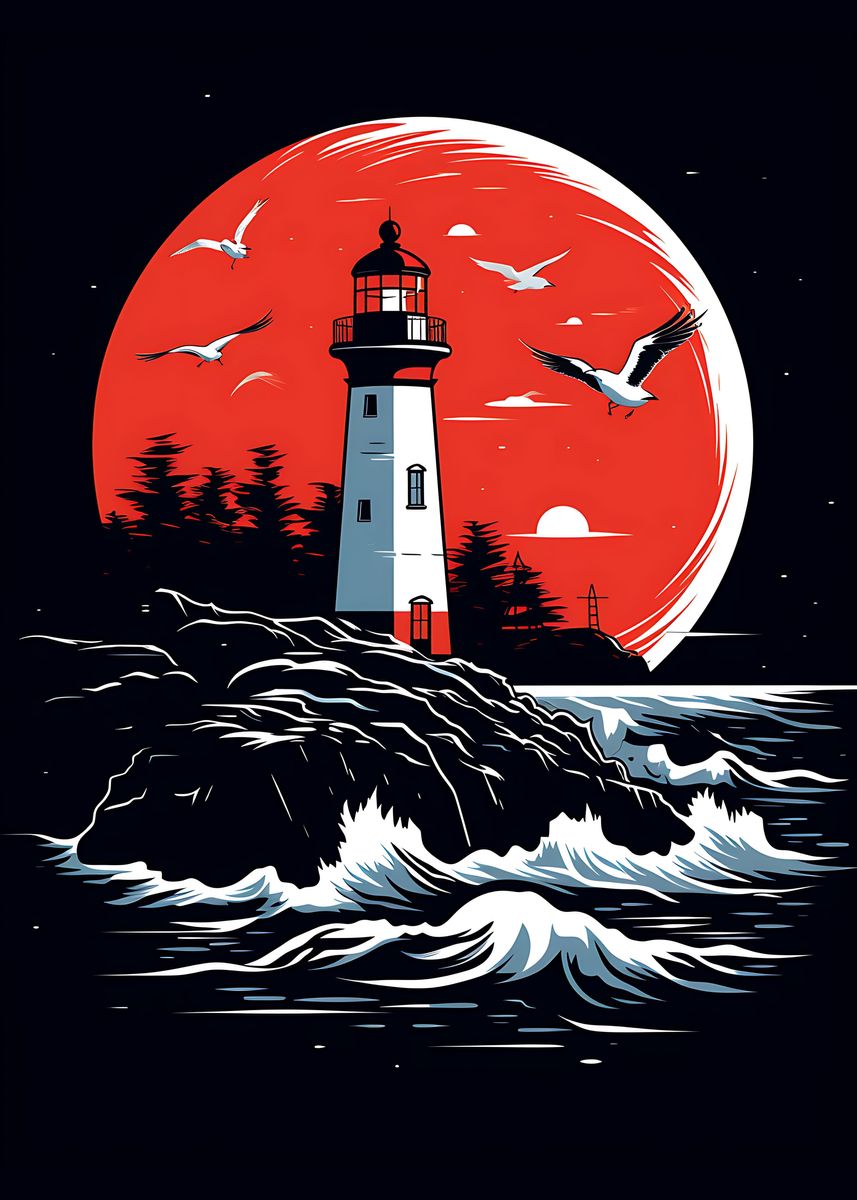 'Red Moon Lighthouse ' Poster, picture, metal print, paint by ALEX ...