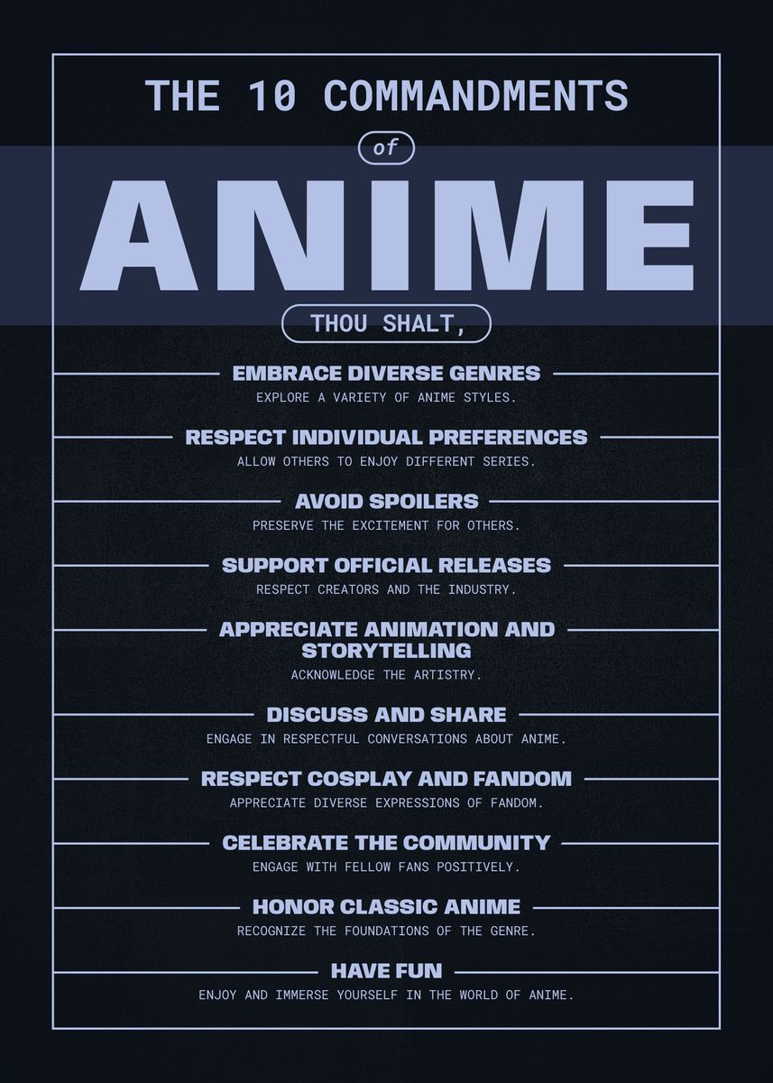 '10 Commandments of Anime' Poster, picture, metal print, paint by ...