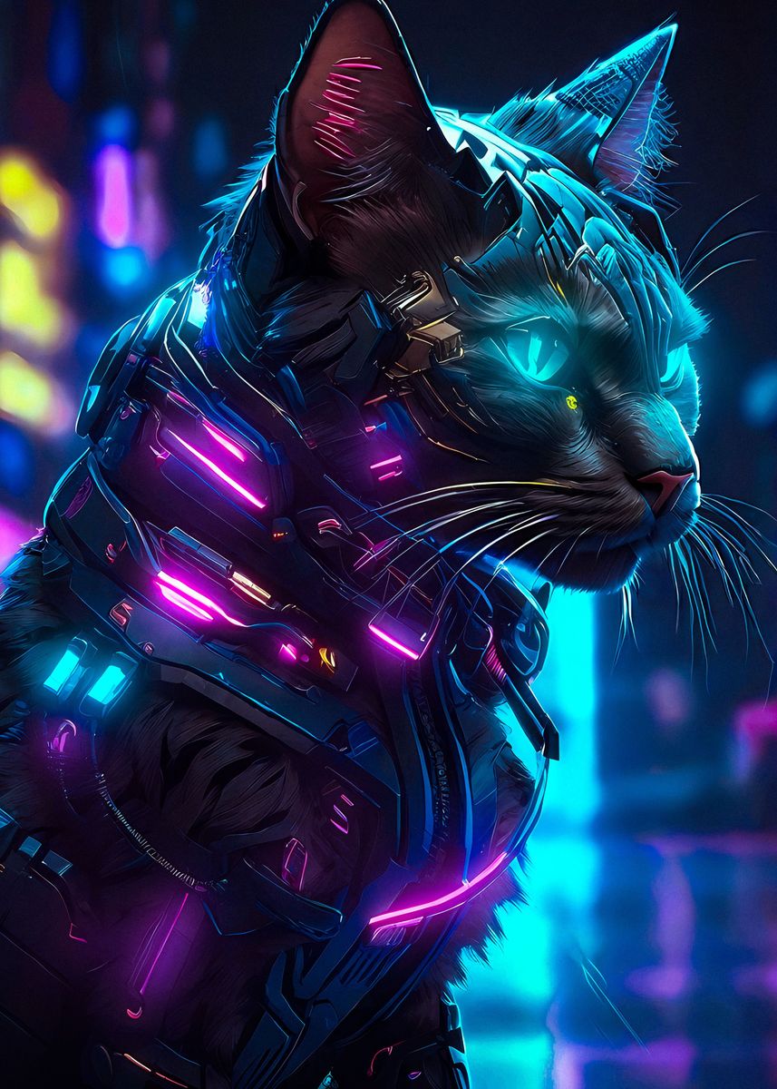 'Cyber Cat' Poster, picture, metal print, paint by Meshter | Displate