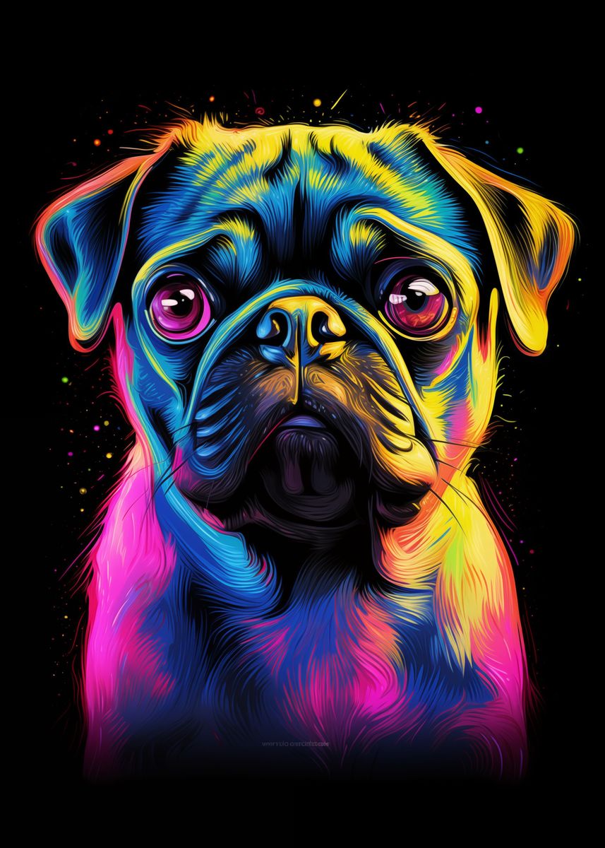 'Neon Pug Portrait Dog' Poster, picture, metal print, paint by Eline ...