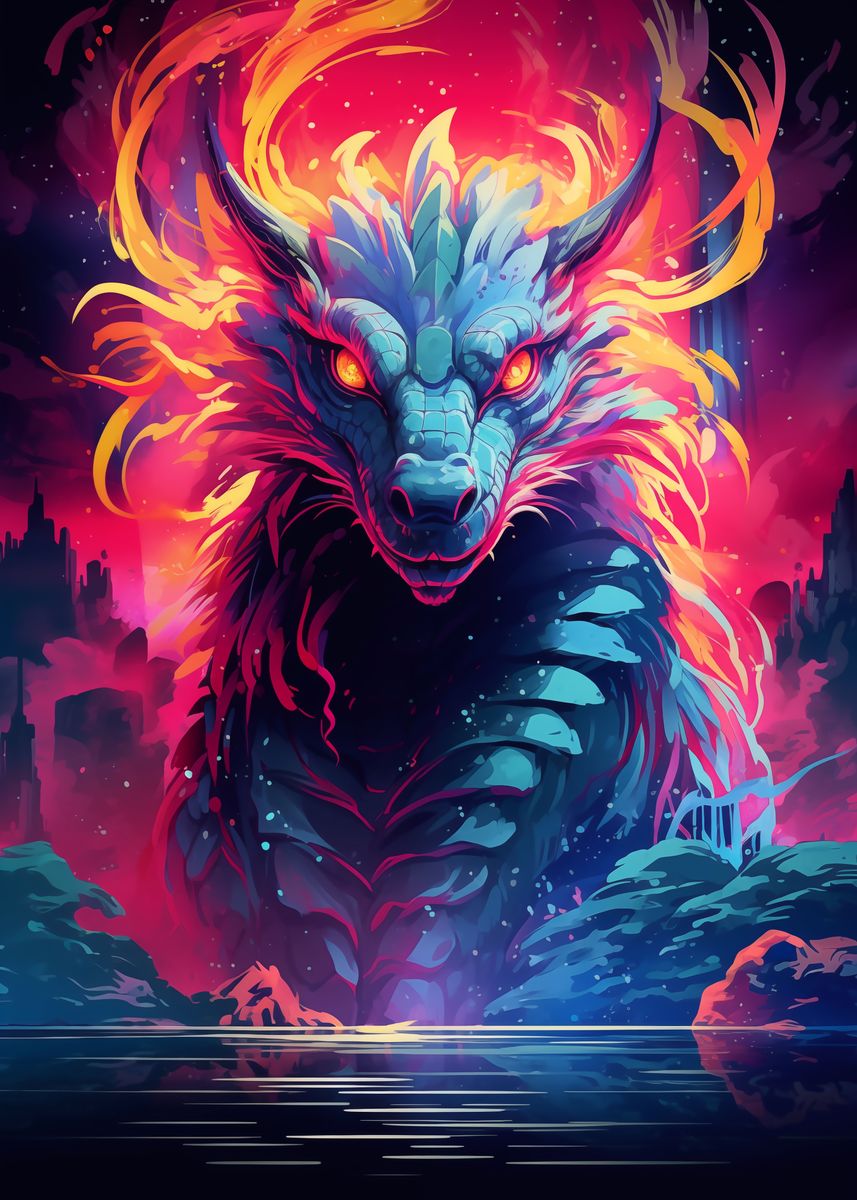 'Neon Dragon' Poster, picture, metal print, paint by Hako | Displate