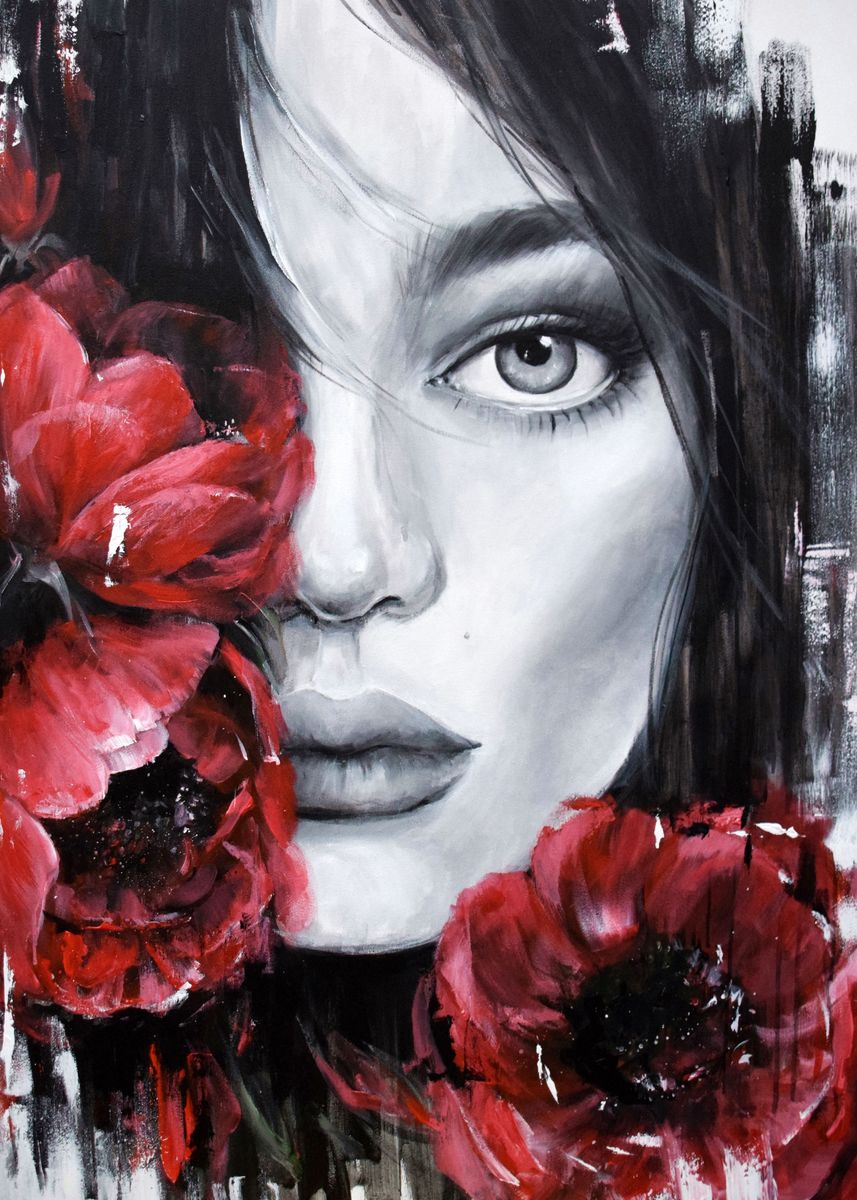 'Girl with flowers poppies' Poster, picture, metal print, paint by ...