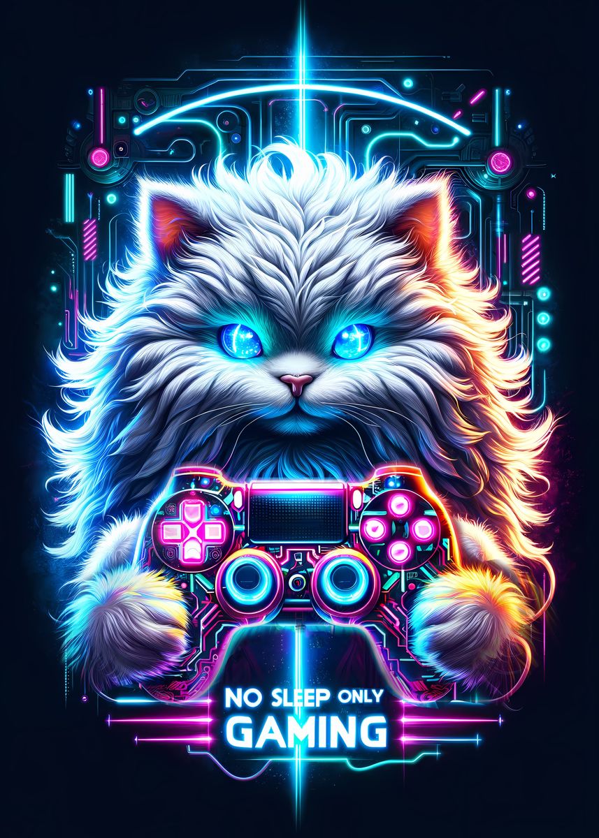 'Gaming Neon Cat' Poster, picture, metal print, paint by ART JOY STUDIO ...