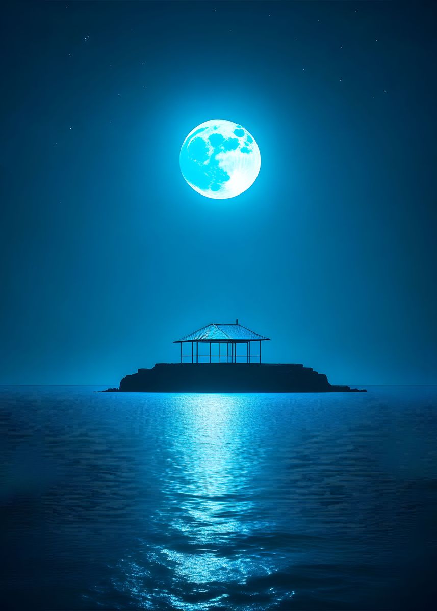 'blue moon over the sea' Poster, picture, metal print, paint by abu ...