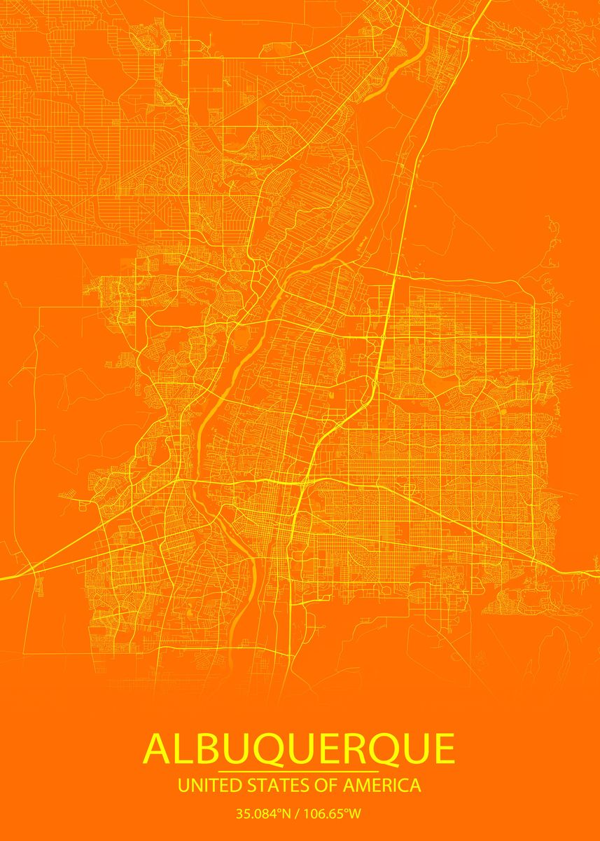 'Albuquerque USA Orange Map' Poster, picture, metal print, paint by ...