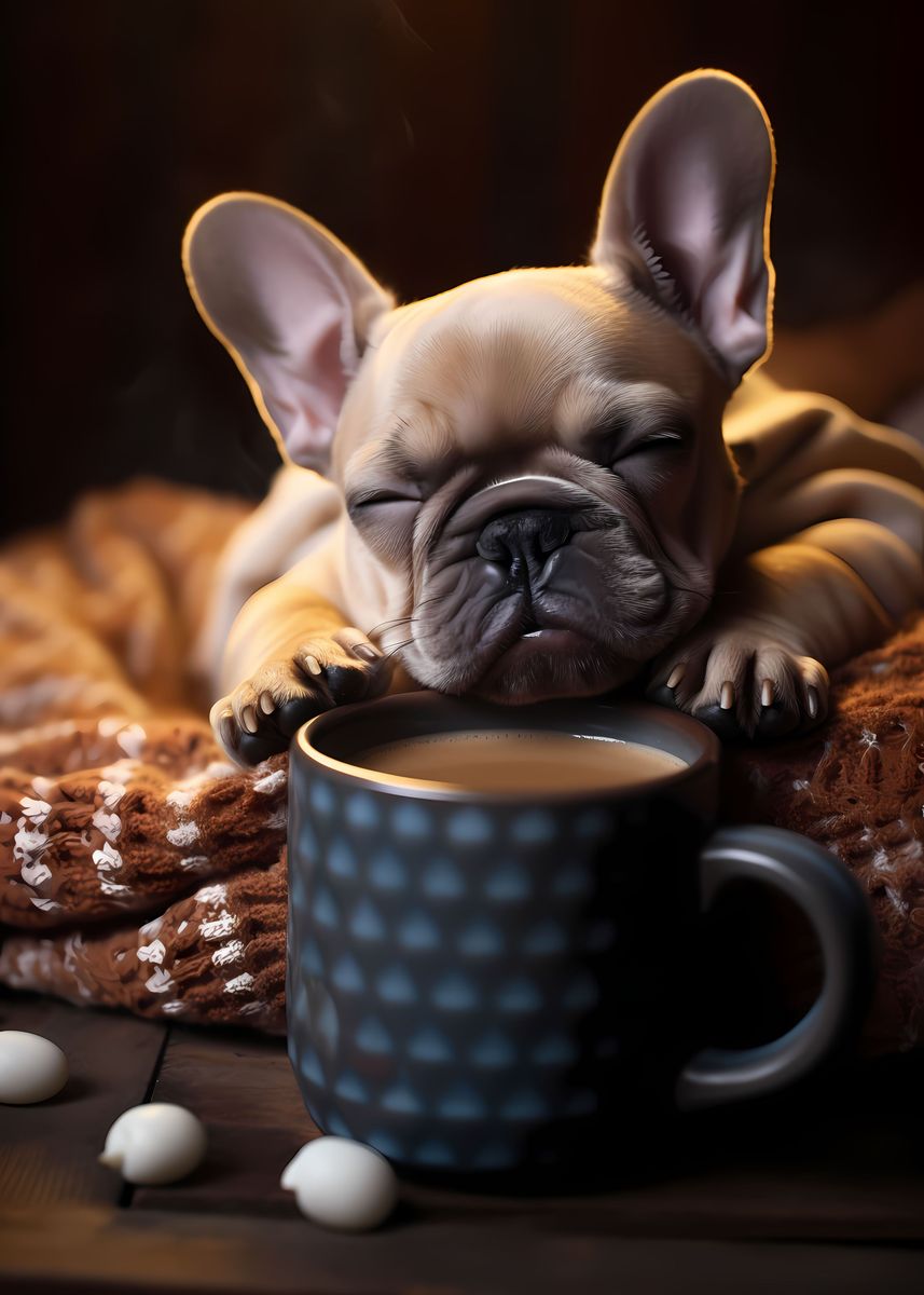 'French Bulldog Pup Coffee' Poster, picture, metal print, paint by ...