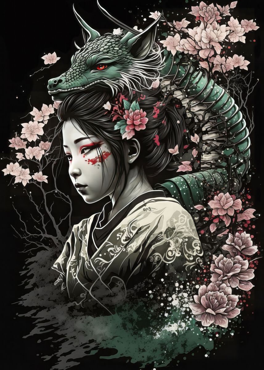 'Geisha Dragon ' Poster, picture, metal print, paint by Graphic ...