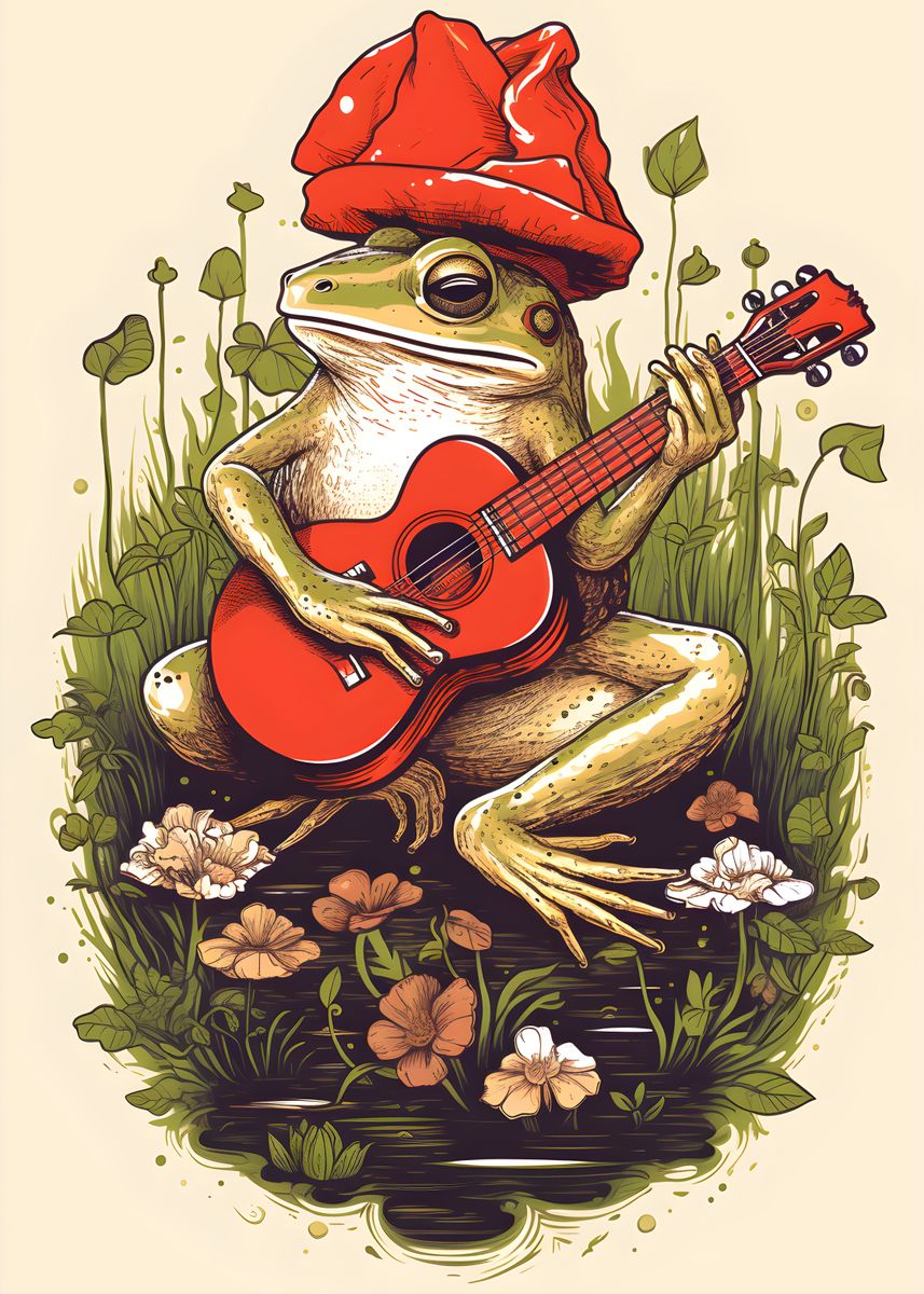 'Cottagecore Frog Guitar' Poster, picture, metal print, paint by Chris ...