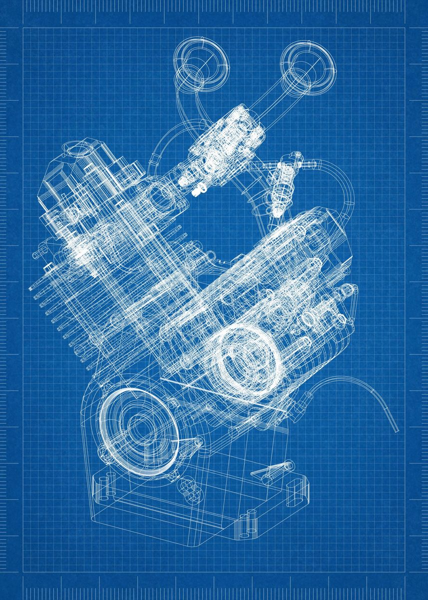 'Car Engine blueprint' Poster, picture, metal print, paint by D A N ...