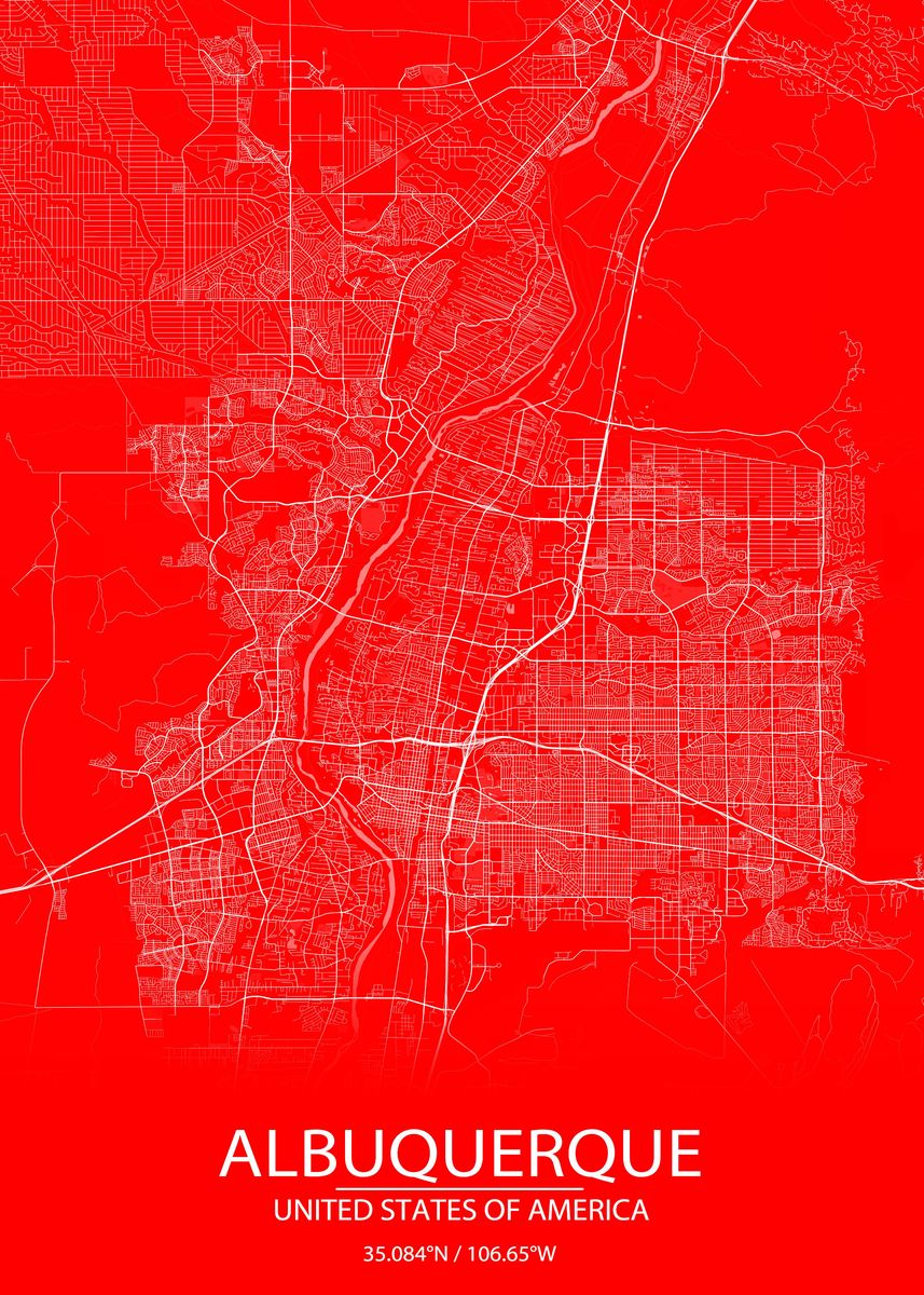 'Albuquerque Red White Map' Poster, picture, metal print, paint by Wall ...