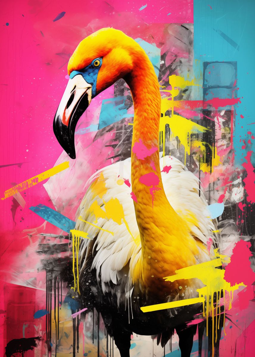 'Flamingo Graffiti' Poster, picture, metal print, paint by Eline | Displate