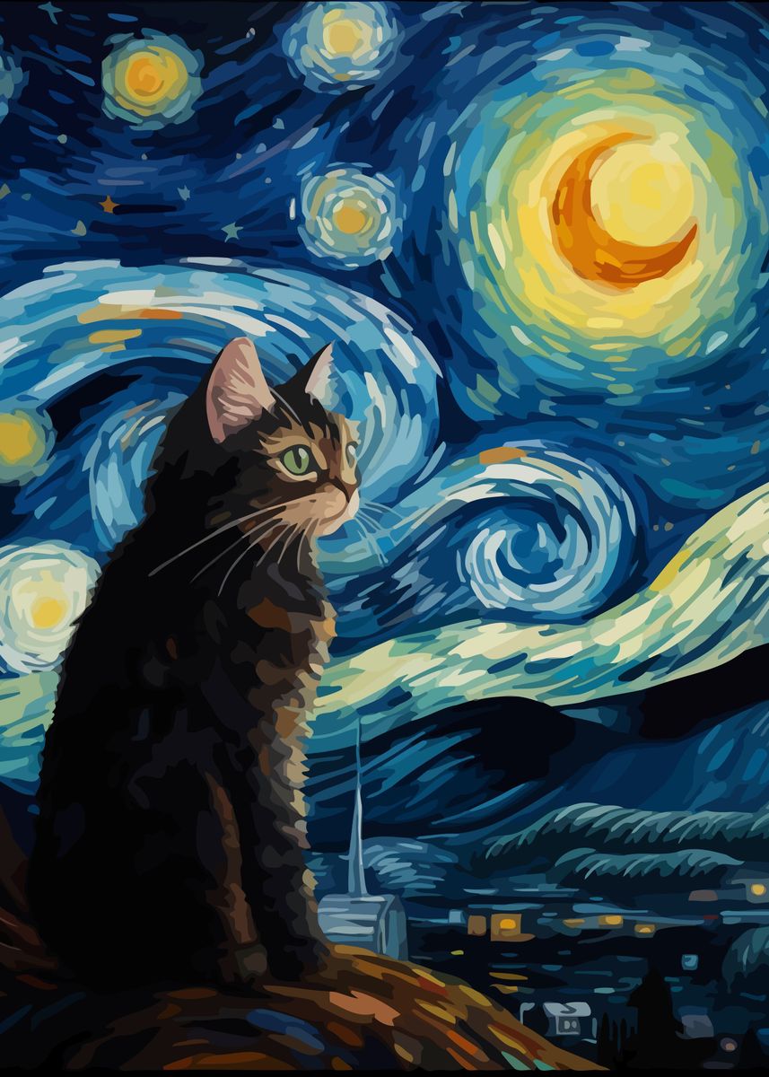 'Starry Night Cat ' Poster, picture, metal print, paint by Animal ...