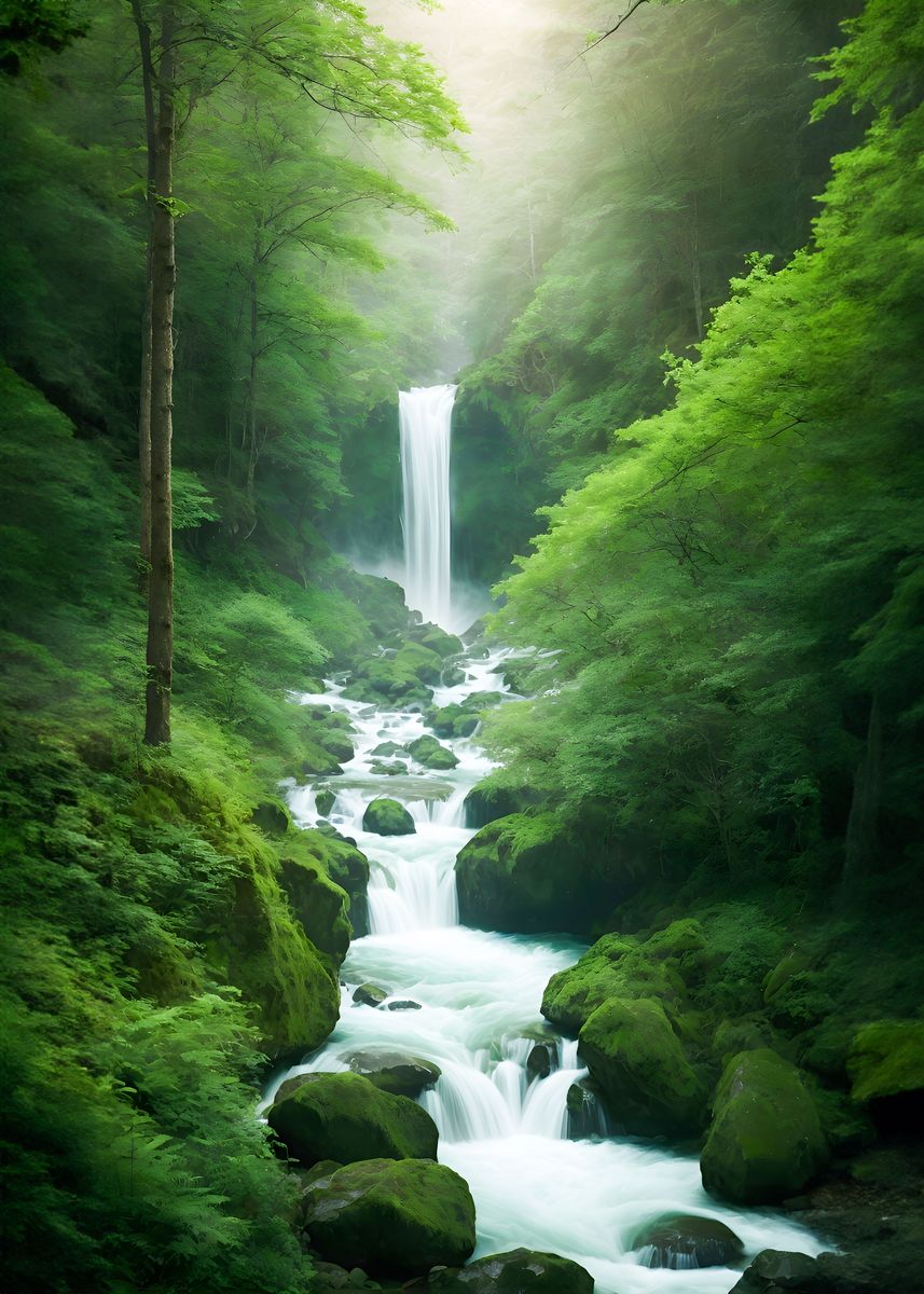 'Waterfall in Forest Nature' Poster, picture, metal print, paint by ...