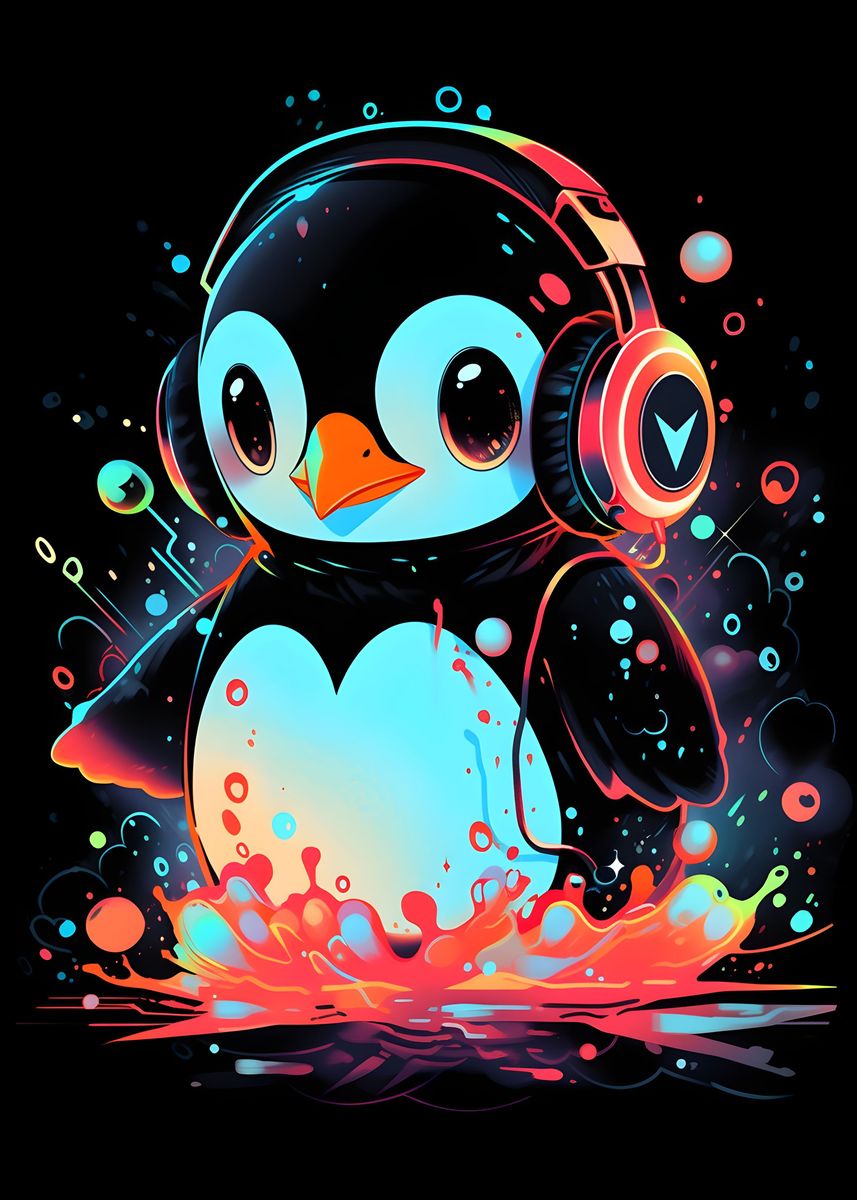 'Epic Penguin Headphones' Poster, picture, metal print, paint by ...