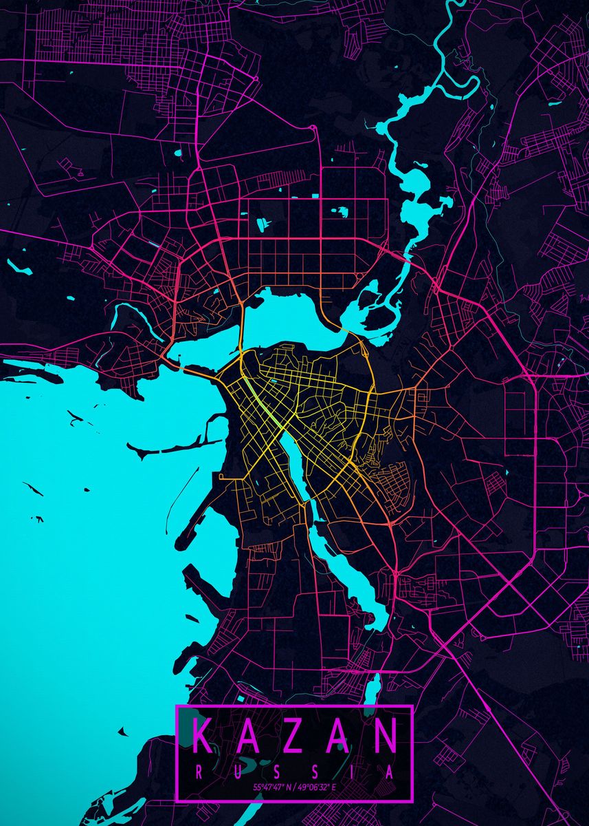 'Kazan City Map Russia Neon' Poster, picture, metal print, paint by ...