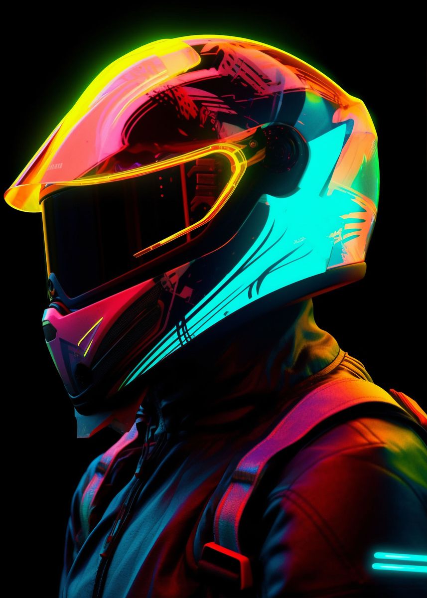 'Neon Helmet Rider' Poster, picture, metal print, paint by Cybronauts ...