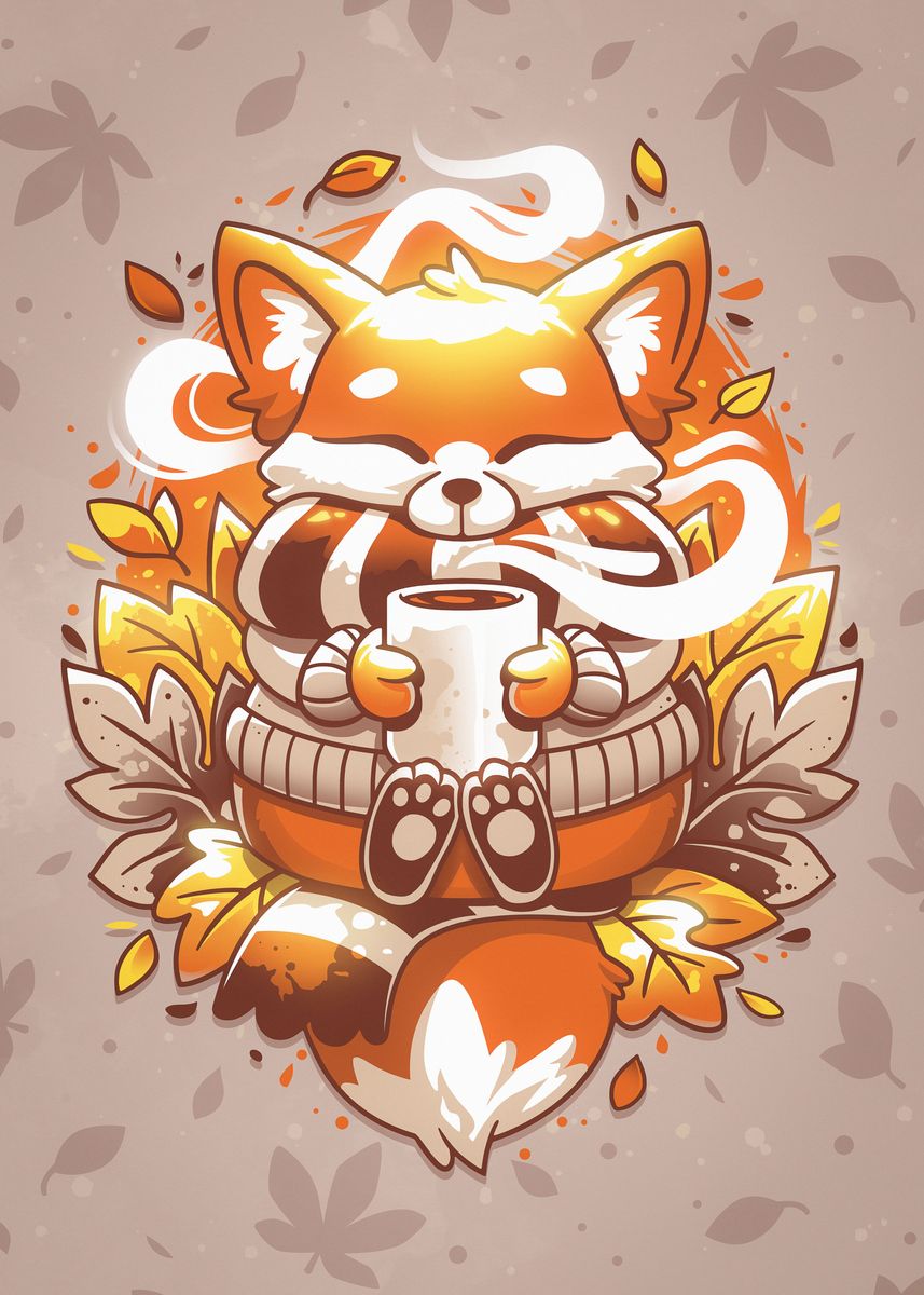 'Cozy Fox Coffee' Poster, picture, metal print, paint by Snouleaf ...