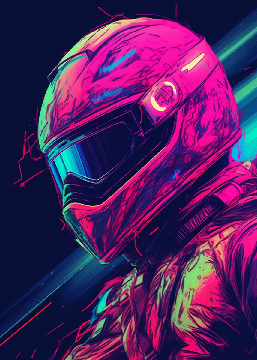 'Synthwave Rider Helmet' Poster, picture, metal print, paint by ...