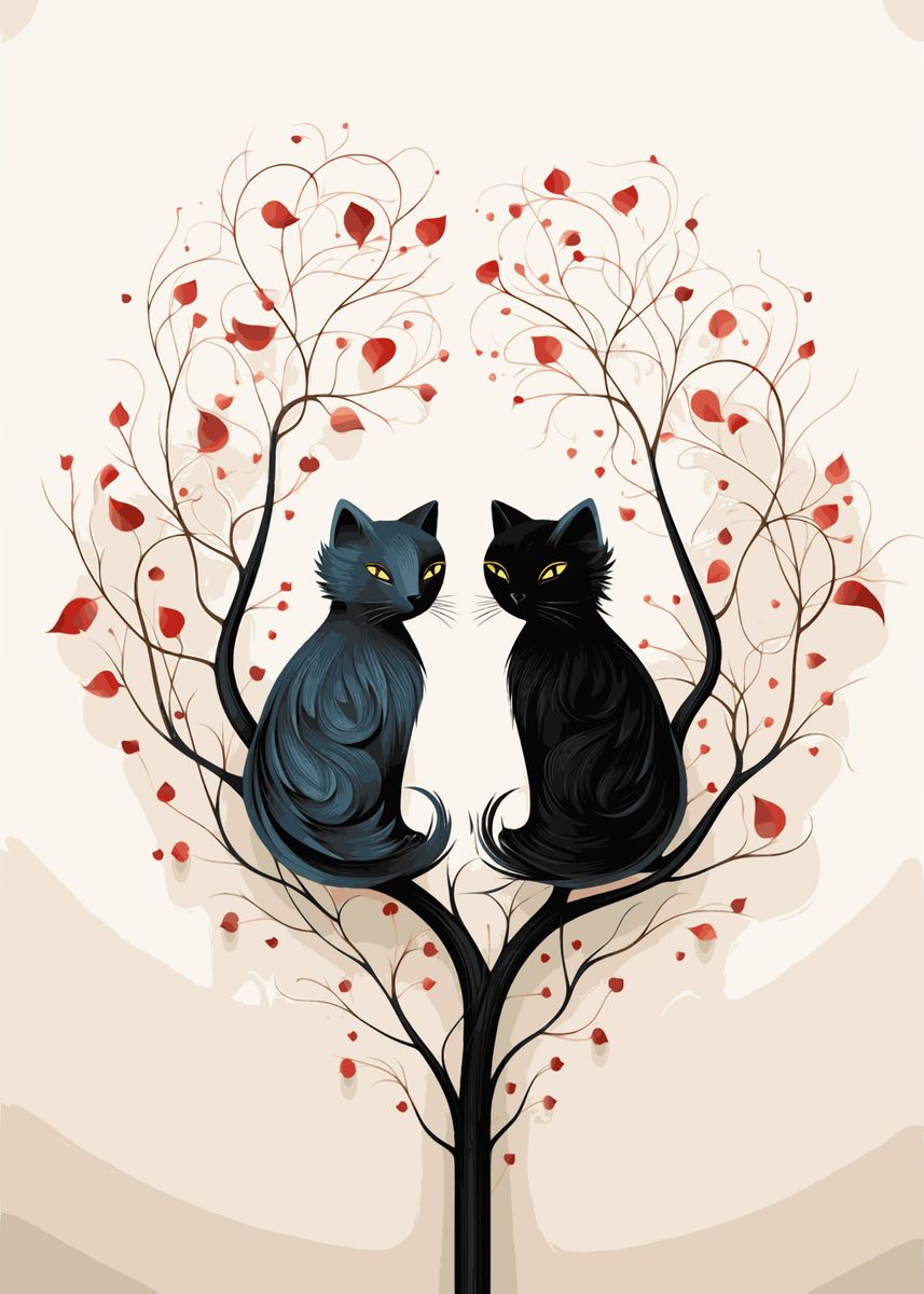 'Wire Cats on Branch' Poster, picture, metal print, paint by Psycho ...