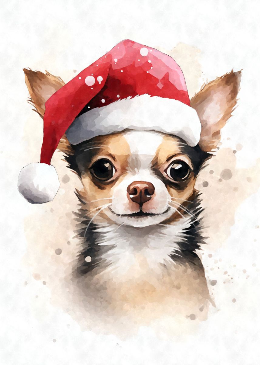 'Chihuahua Santa Hat Xmas' Poster, picture, metal print, paint by ...