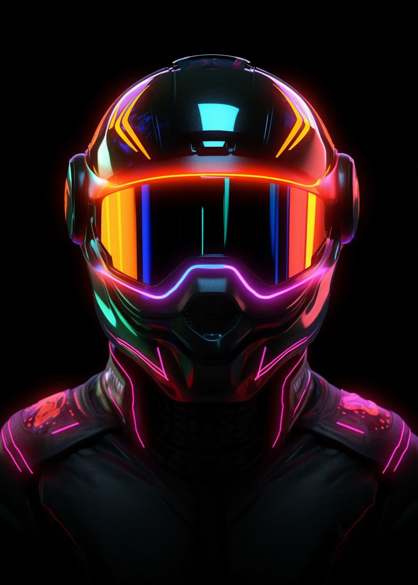 'Neon Helmet' Poster, picture, metal print, paint by Cybronauts | Displate