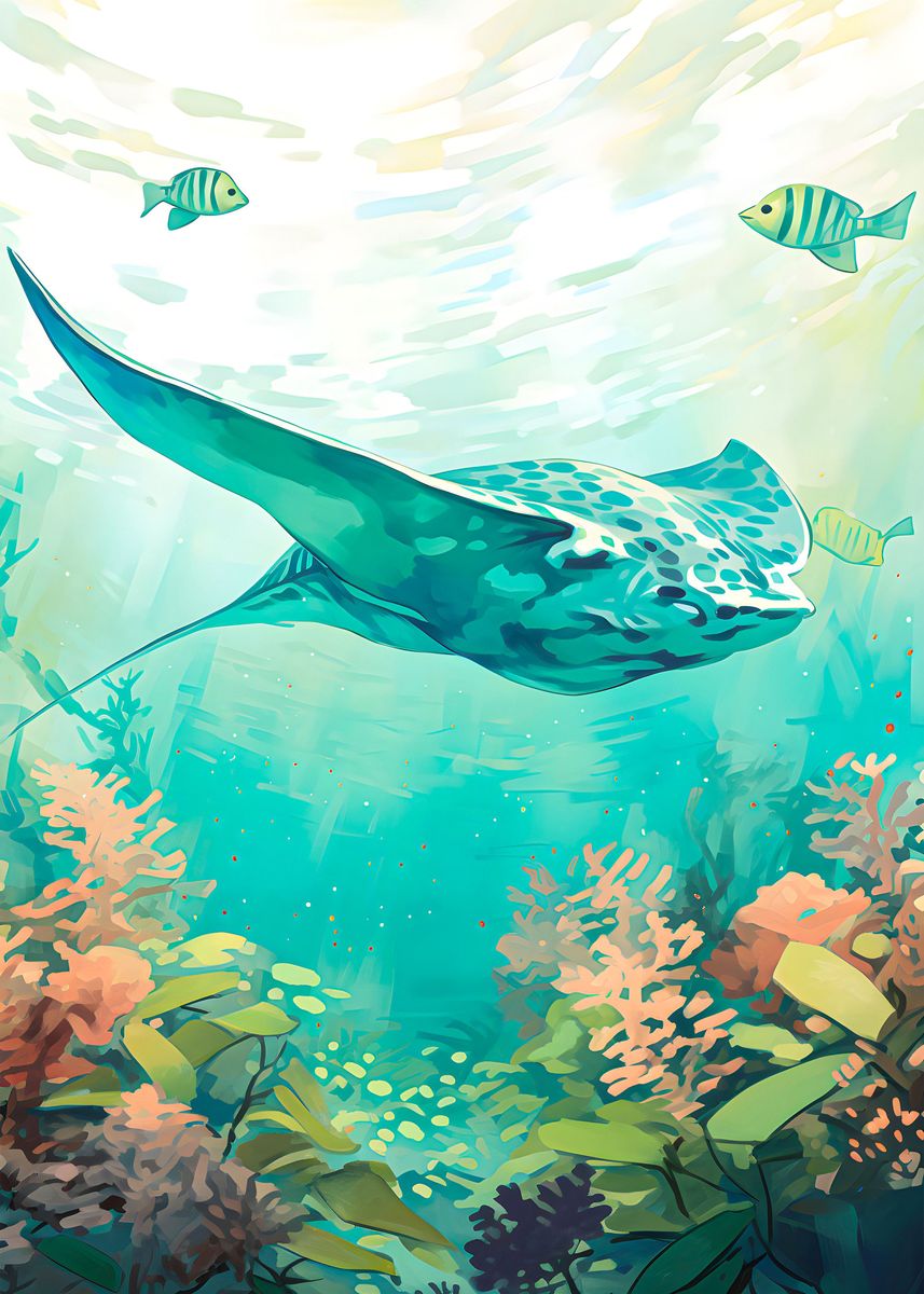 'Manta Ray Ocean' Poster, picture, metal print, paint by Berly | Displate