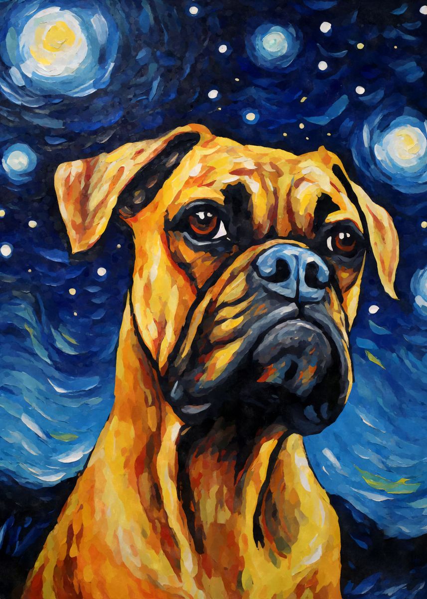 'Boxer Dog Starry Night' Poster, picture, metal print, paint by Masaki ...