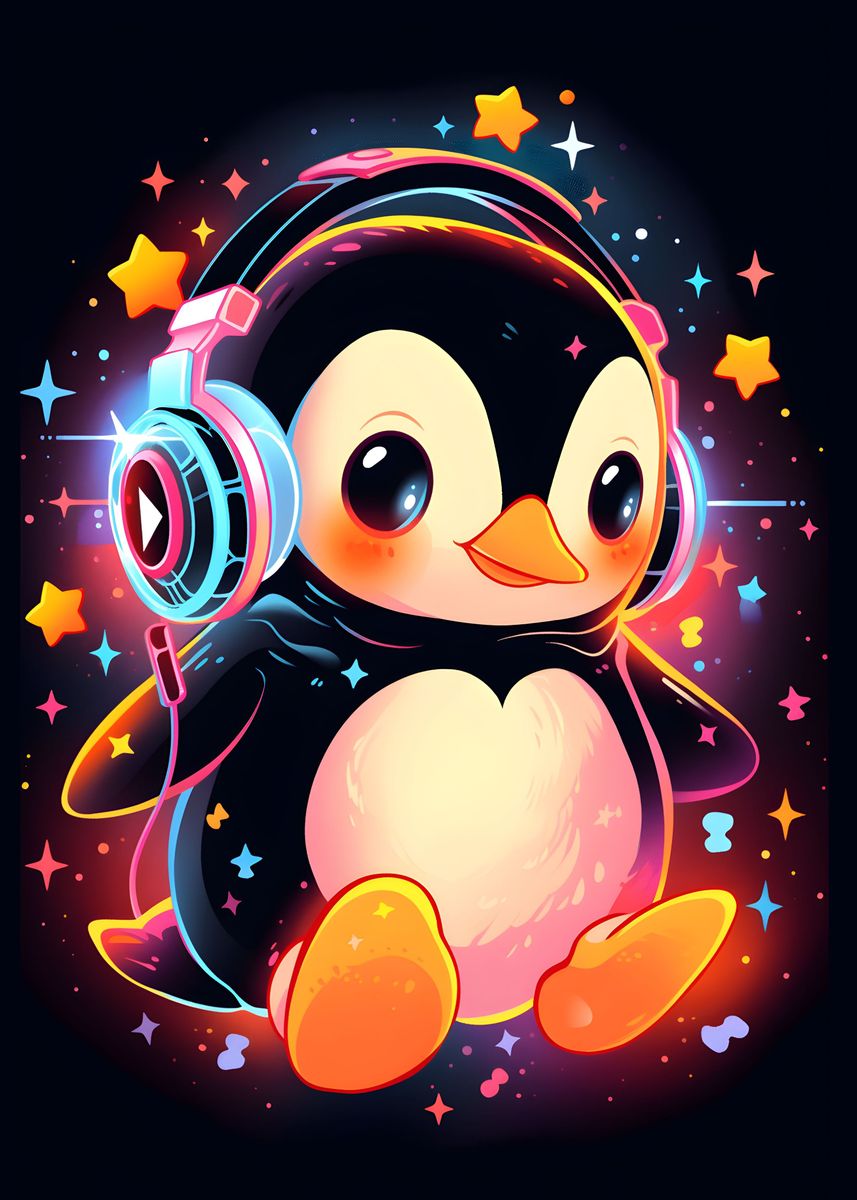 'Penguin Star Headphones' Poster, picture, metal print, paint by ...