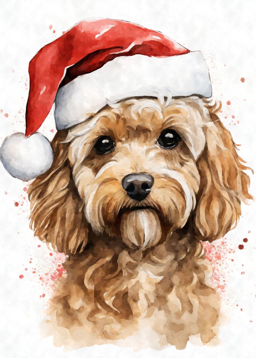 'Cavoodle Dog Santa Hat ' Poster, picture, metal print, paint by Masaki ...