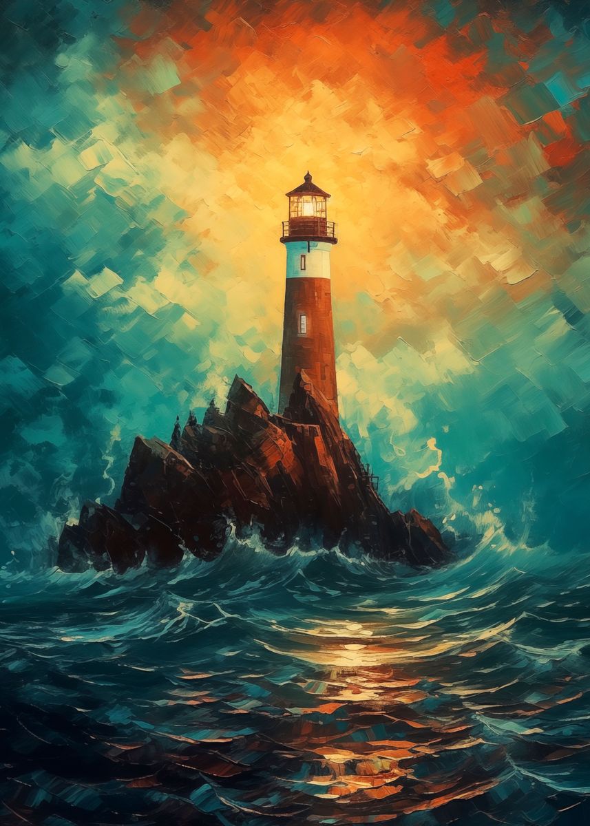 'Lighthouse on rocks' Poster, picture, metal print, paint by The ...