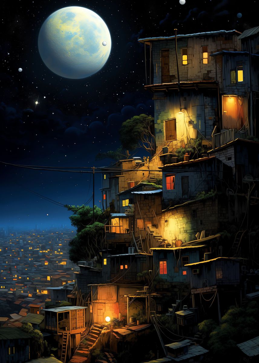 'Moonlit Favela Town' Poster, picture, metal print, paint by AI and ME ...