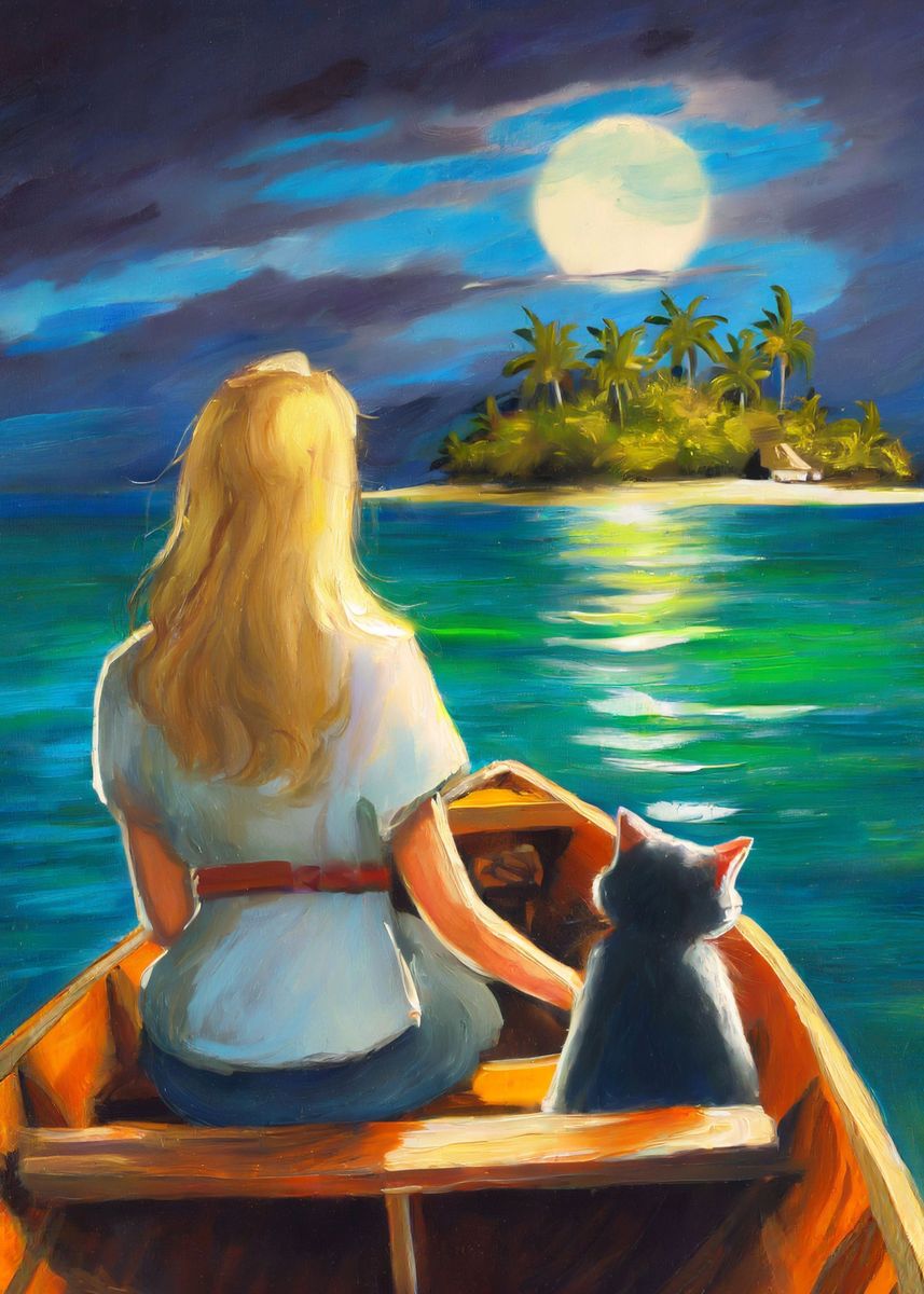 'Paddle Boat with Cat' Poster, picture, metal print, paint by MaiDesign ...