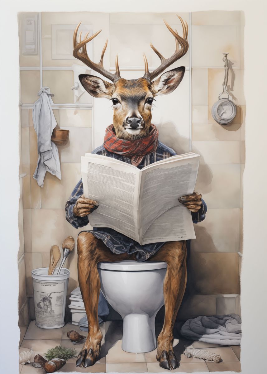 'Deer reading the paper' Poster, picture, metal print, paint by ...