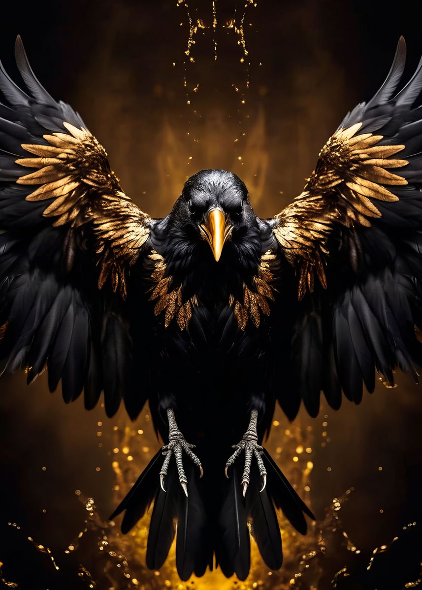 'black and gold crow' Poster, picture, metal print, paint by mk studio ...