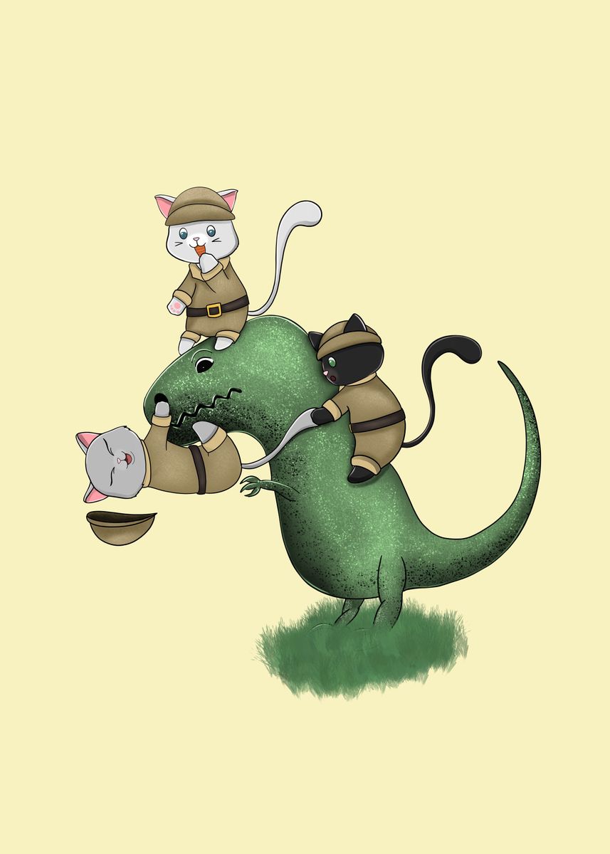 'cats riding dinosaur' Poster, picture, metal print, paint by Yacoub Al ...