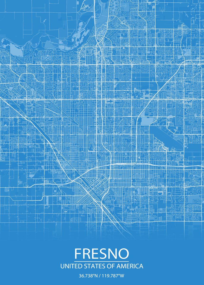 'Fresno CA US Blue City Map' Poster, picture, metal print, paint by ...