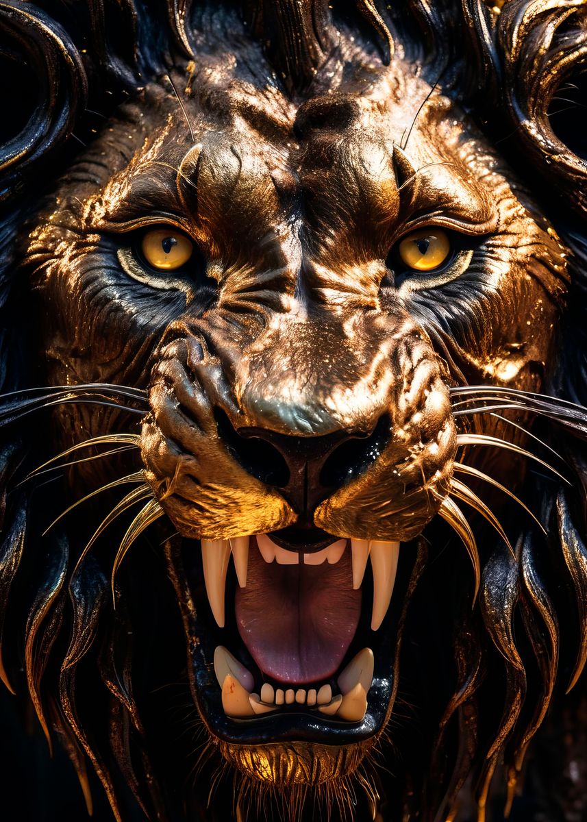 'black and gold wild lion' Poster, picture, metal print, paint by mk ...