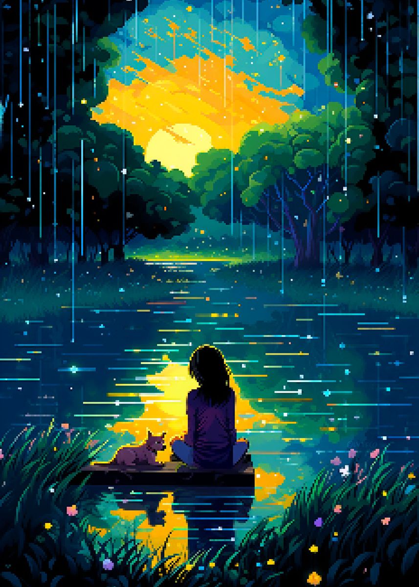 'Girl Dog Rain Pixel Art' Poster, picture, metal print, paint by LVTFCO ...