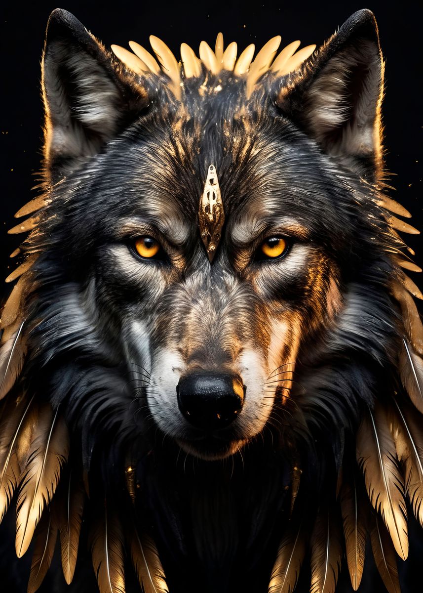 'black and gold wolf ' Poster, picture, metal print, paint by mk studio ...