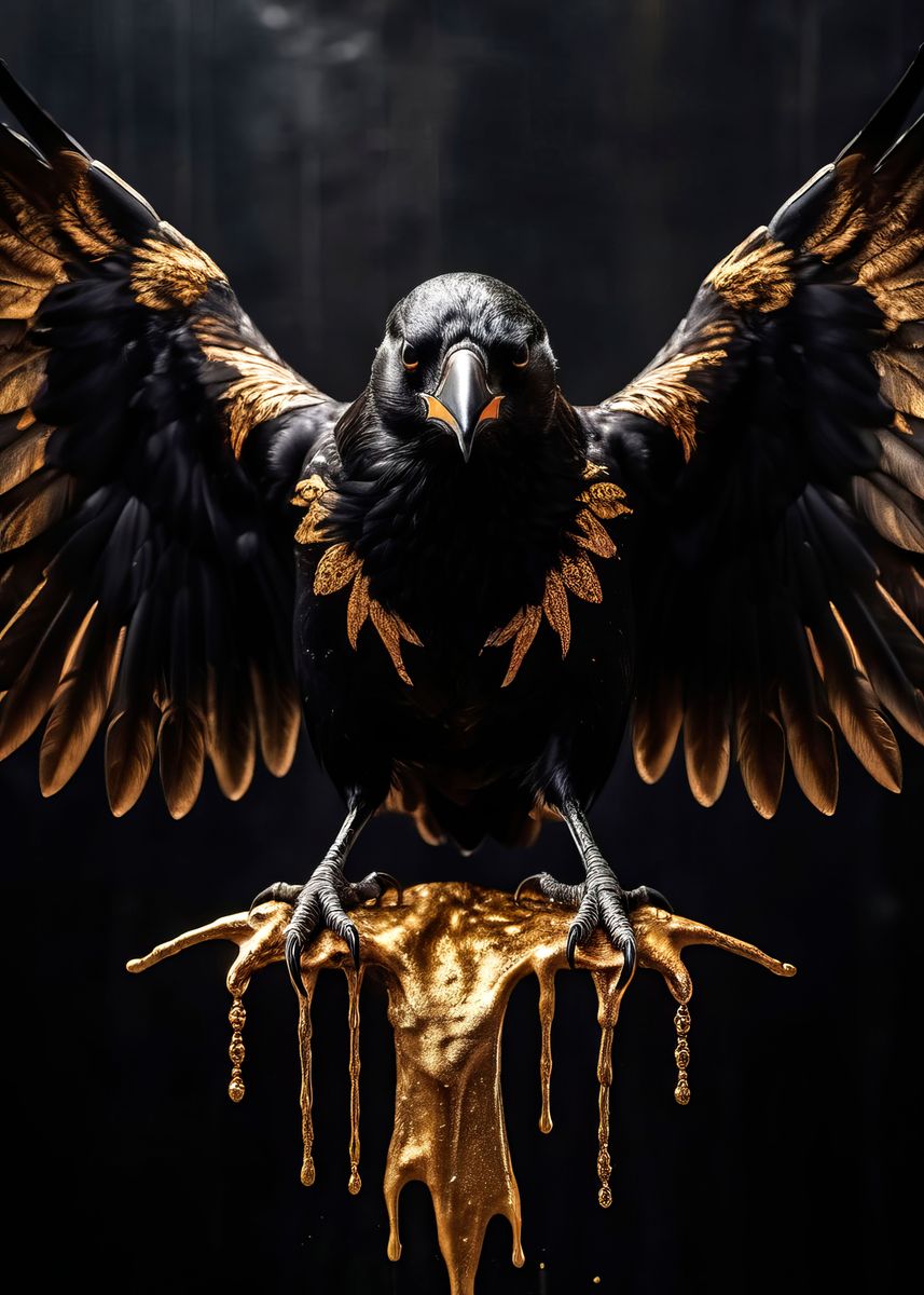 'black and gold crow ' Poster, picture, metal print, paint by MK studio ...