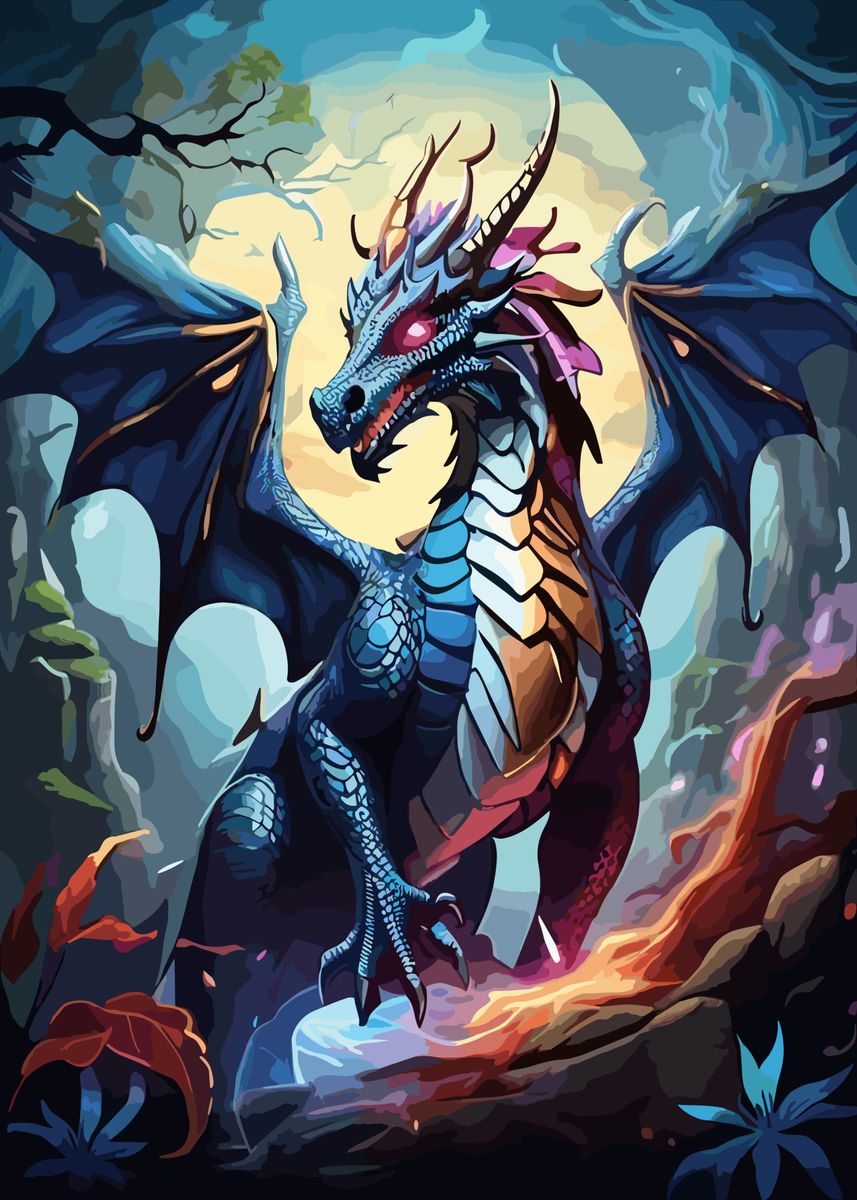 'the blue Dragon' Poster, picture, metal print, paint by Ghanemaz | Displate