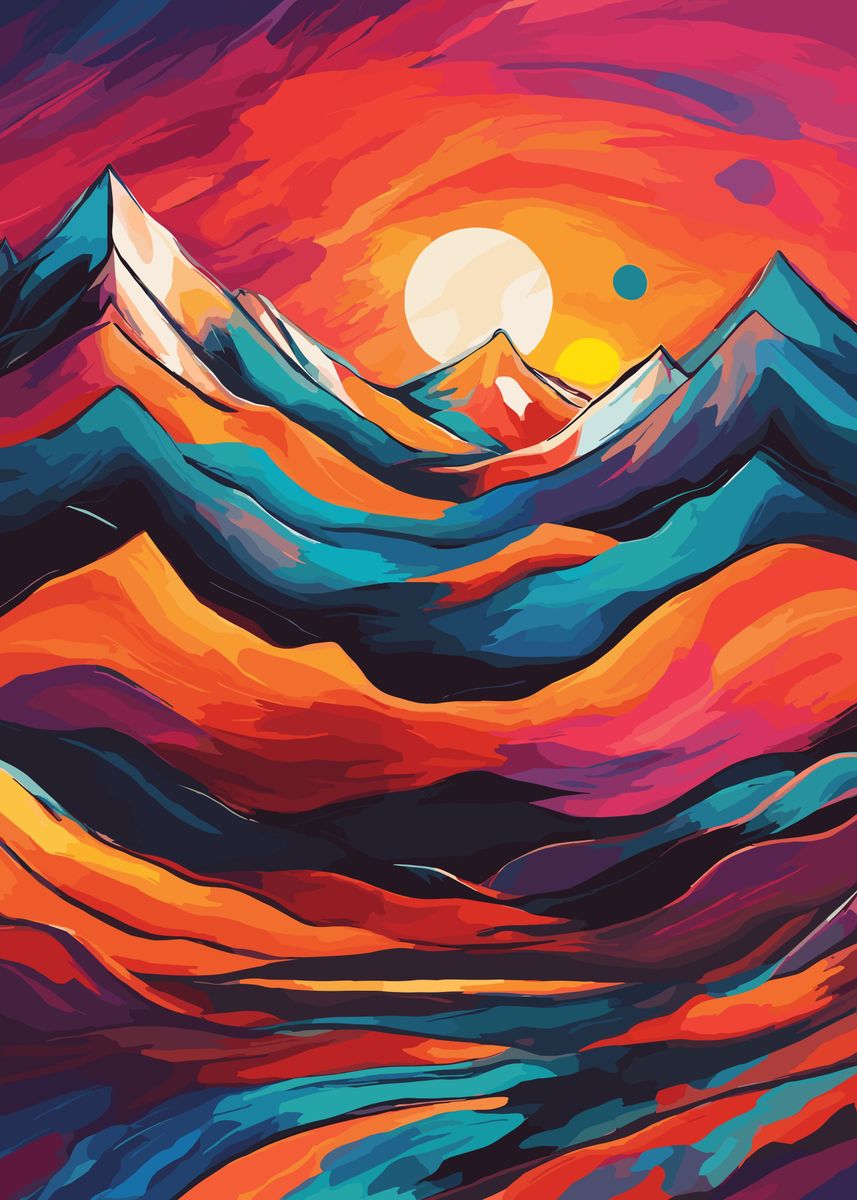 'Abstract Mountain Sunset' Poster, picture, metal print, paint by Art Jiyuu | Displate