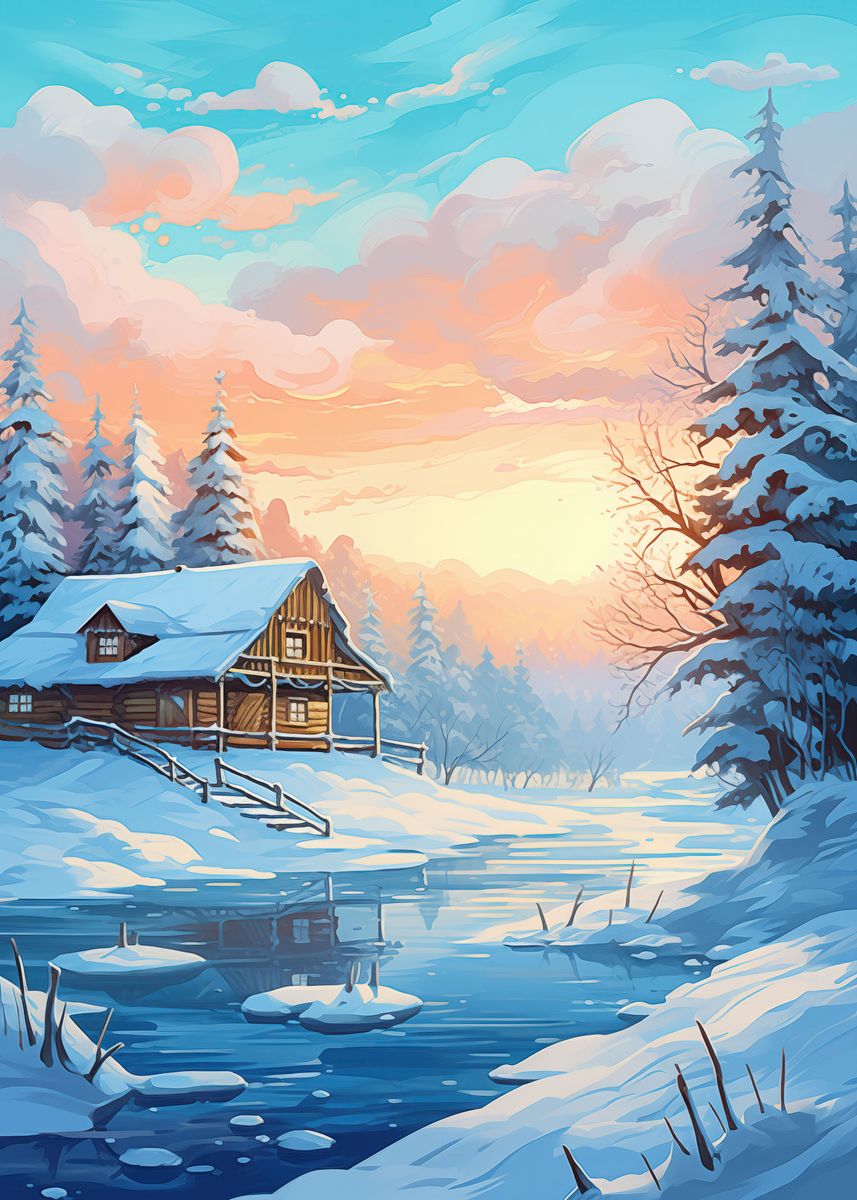 'Sunrise Winter Lake Cabin' Poster, picture, metal print, paint by NVSN ...