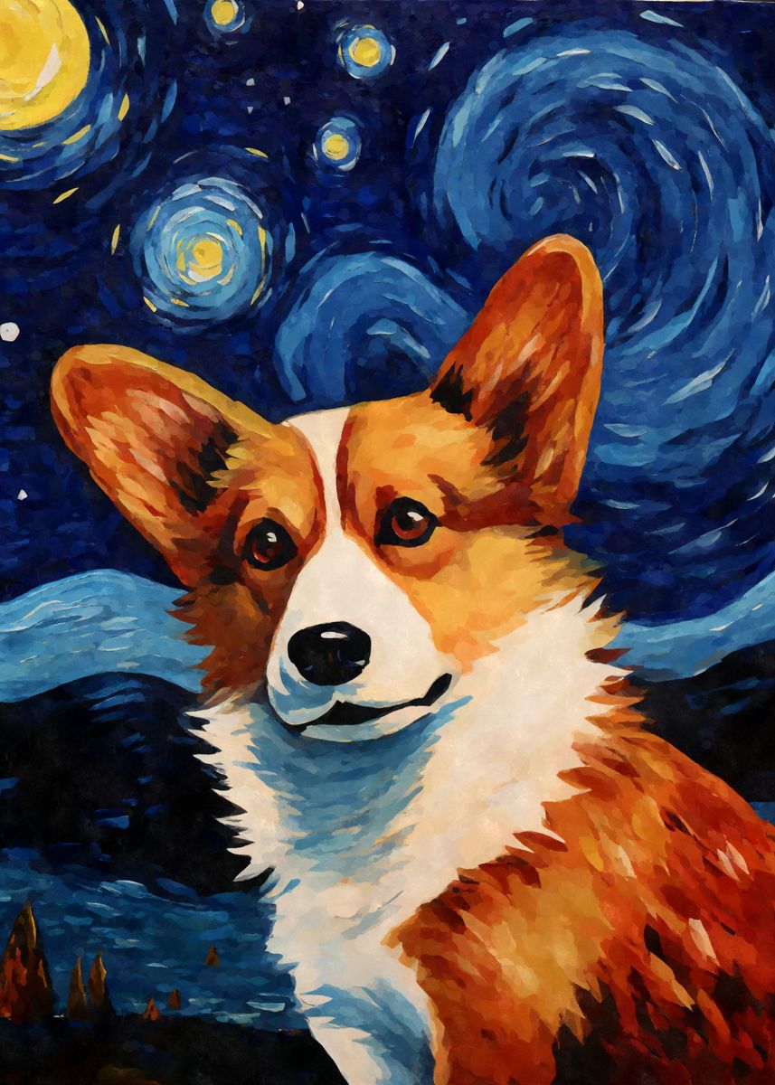 'Welsh Corgi Starry Night' Poster, picture, metal print, paint by ...
