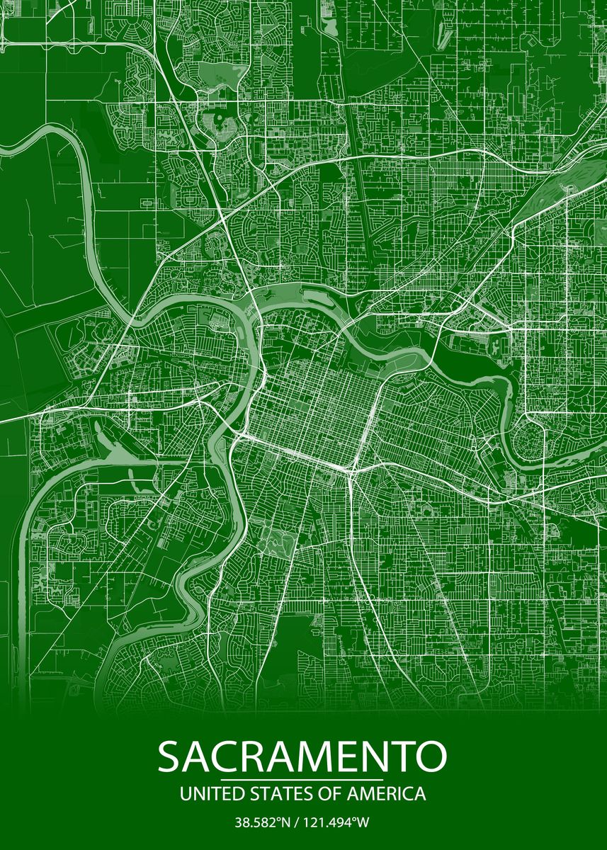 'Sacramento CA Green Map' Poster, picture, metal print, paint by Wall ...